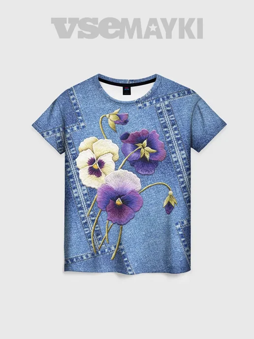 футболка с принтом фиалки на джинсовой ткани VseMayki